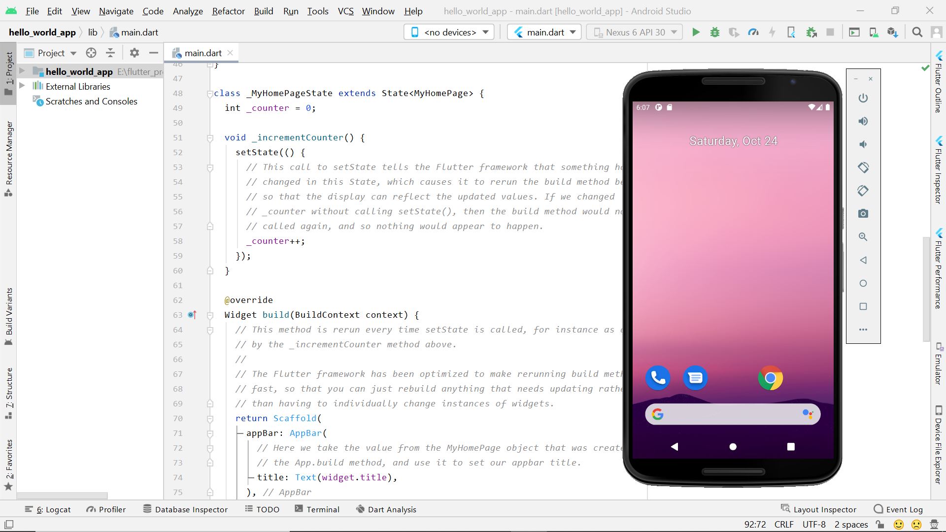 Flutter app -Creating our first app to display "Hello World" - LetgOShots
