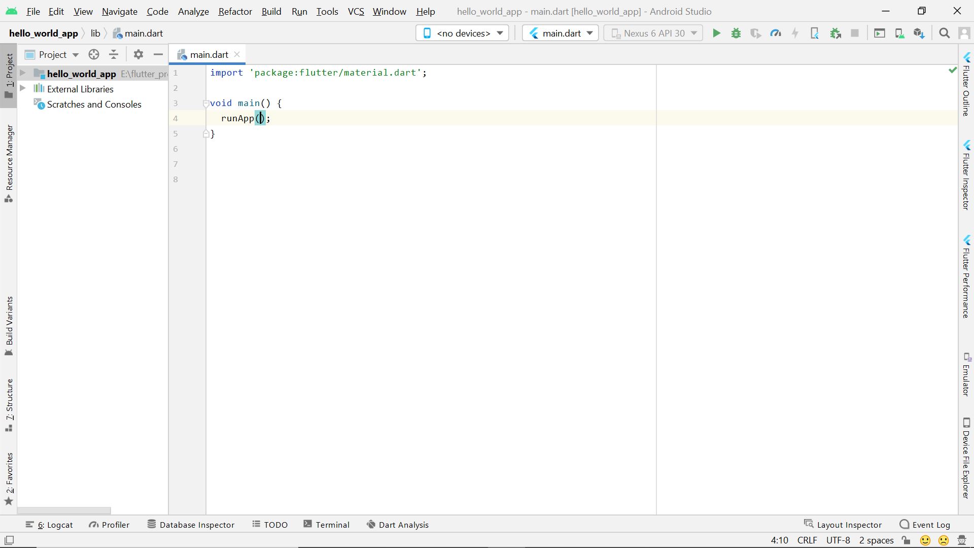 Flutter app -Creating our first app to display "Hello World" - LetgOShots